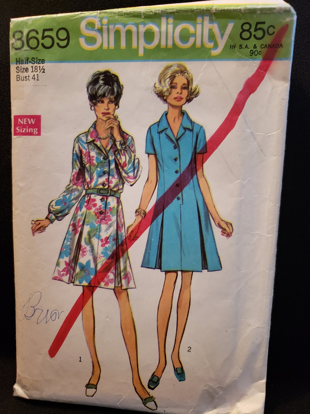 Simplicity 3659 Sewing Pattern for 1969 Dress, 2 Front Pleats, Notched ...