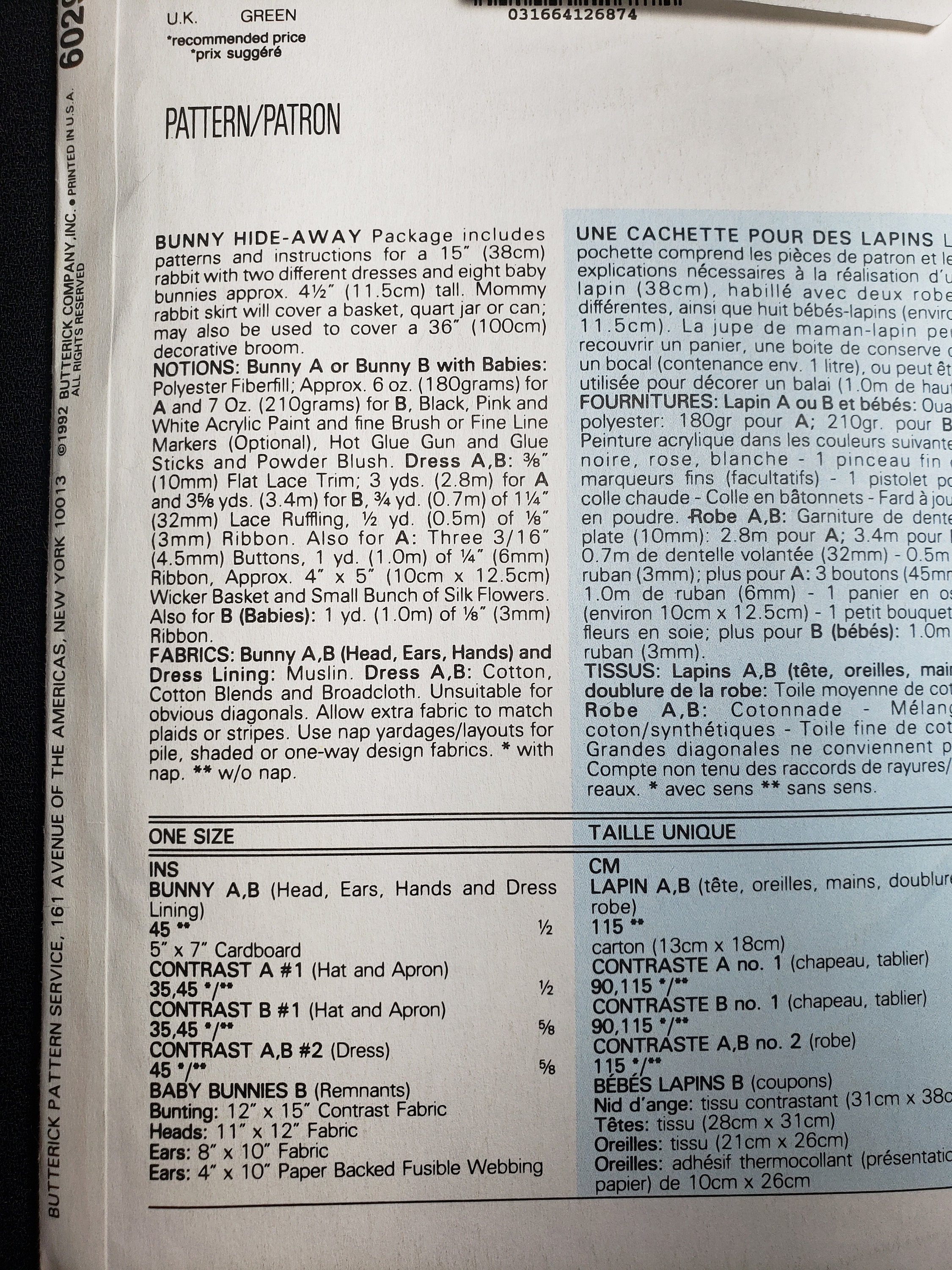 Butterick 6029 Craft Sewing Pattern for Bunny Hide-away for 15 Inch ...