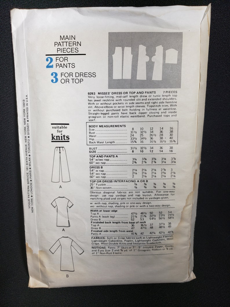 Vogue 9293 Sewing Pattern Very Easy Misses' Dress or Top and Pants Size ...