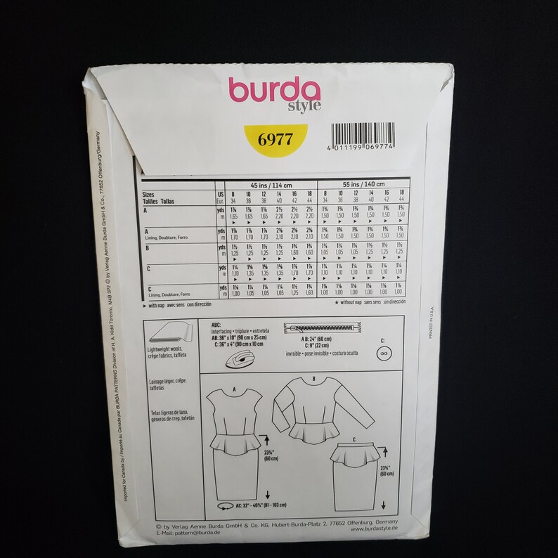 Burda 6977 Rare Sewing Pattern for Peplum Dress, Top and Skirt, Unique ...