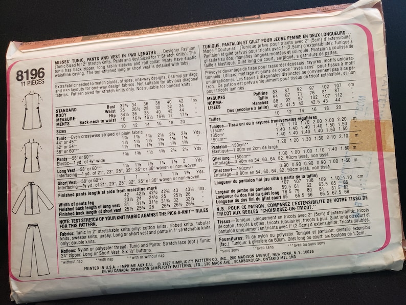 Simplicity 8196 Sewing Pattern for Tunic Pants and Vest in - Etsy