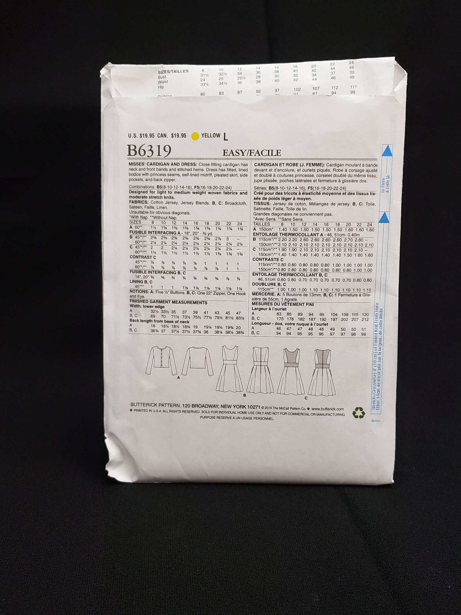 Butterick 6319 Sewing Pattern for Dress and Cardigan Sizes 16-18-20-22 ...