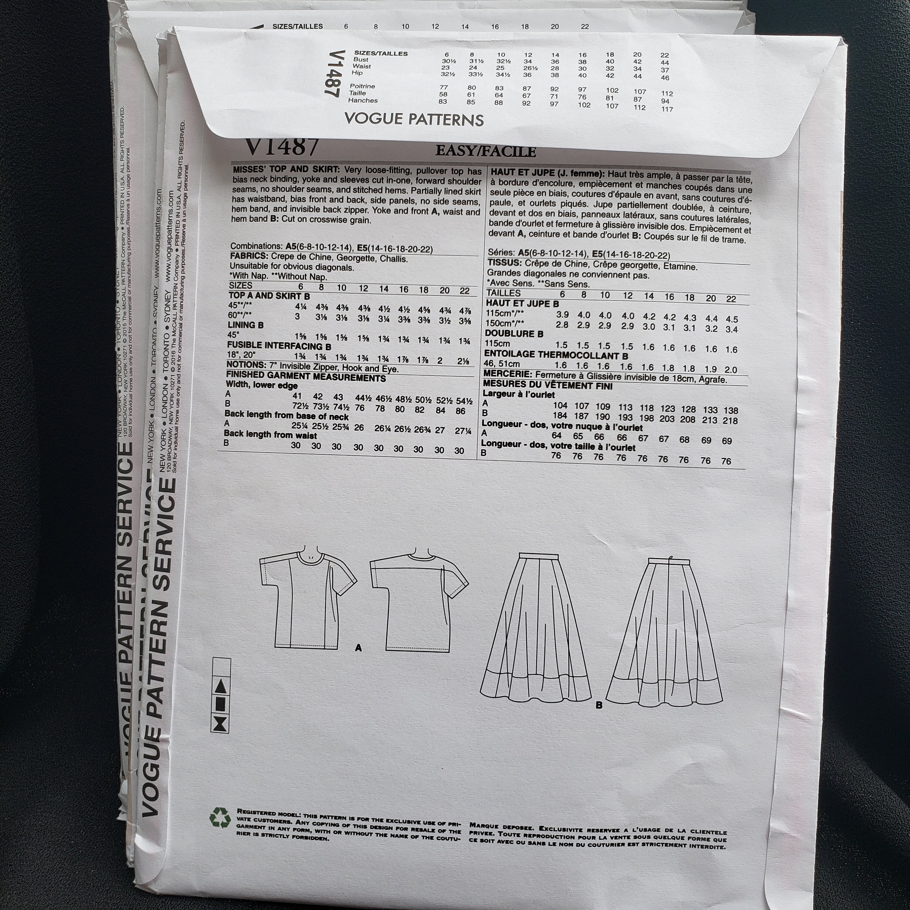 Vogue 1487 Sewing Pattern for 2 Piece Top and Skirt DKNY Donna Karan ...