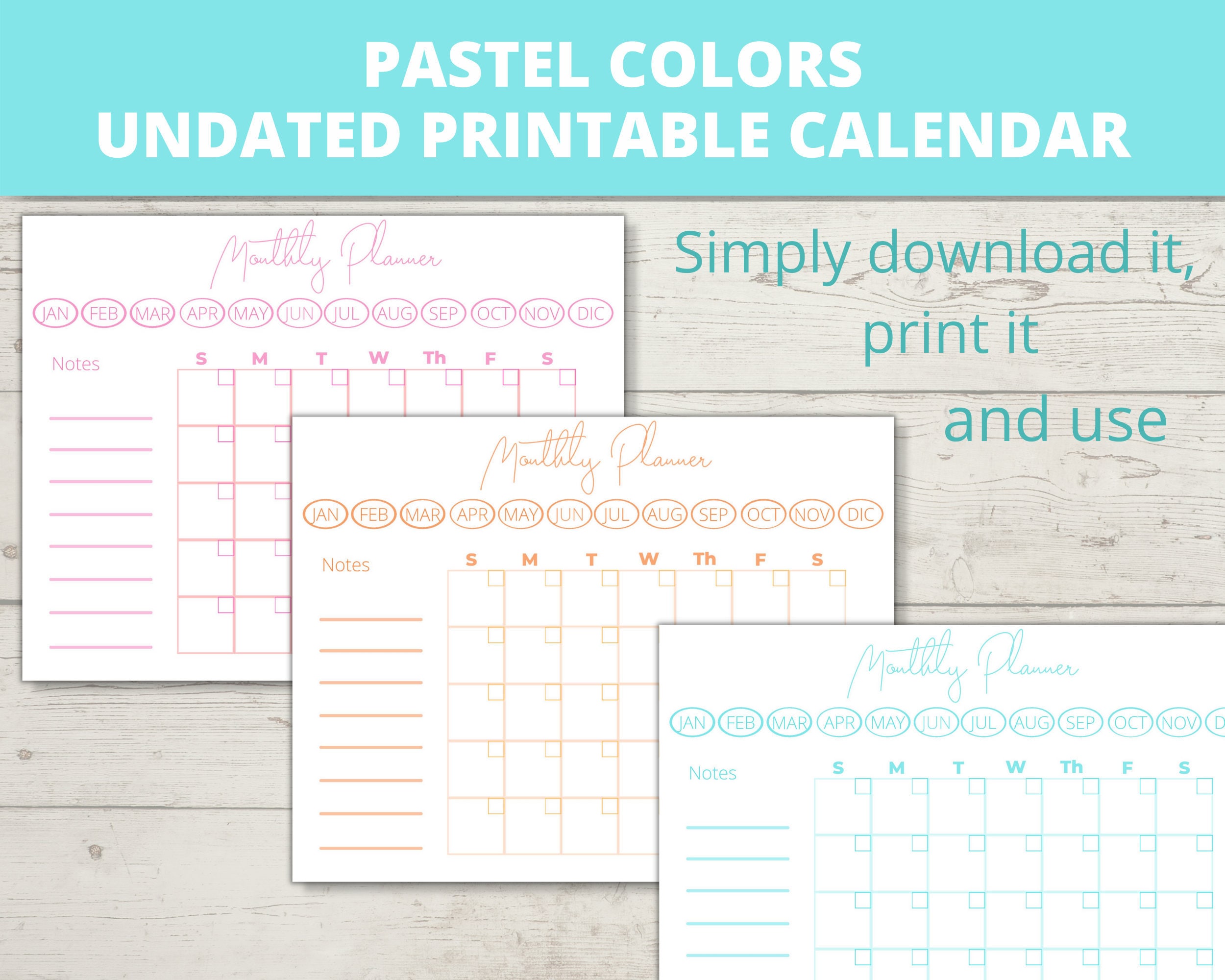 Printable Undated Monthly Calendar, Minimalist Pastel Colors, Blank ...