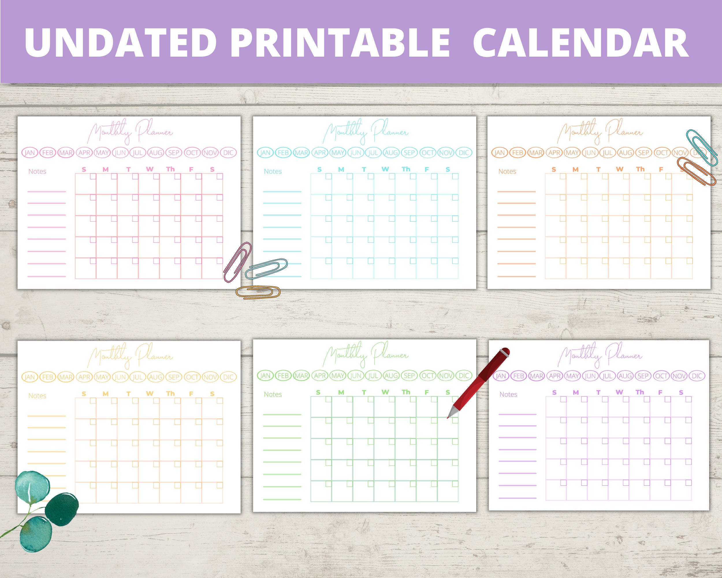 Printable Undated Monthly Calendar, Minimalist Pastel Colors, Blank ...