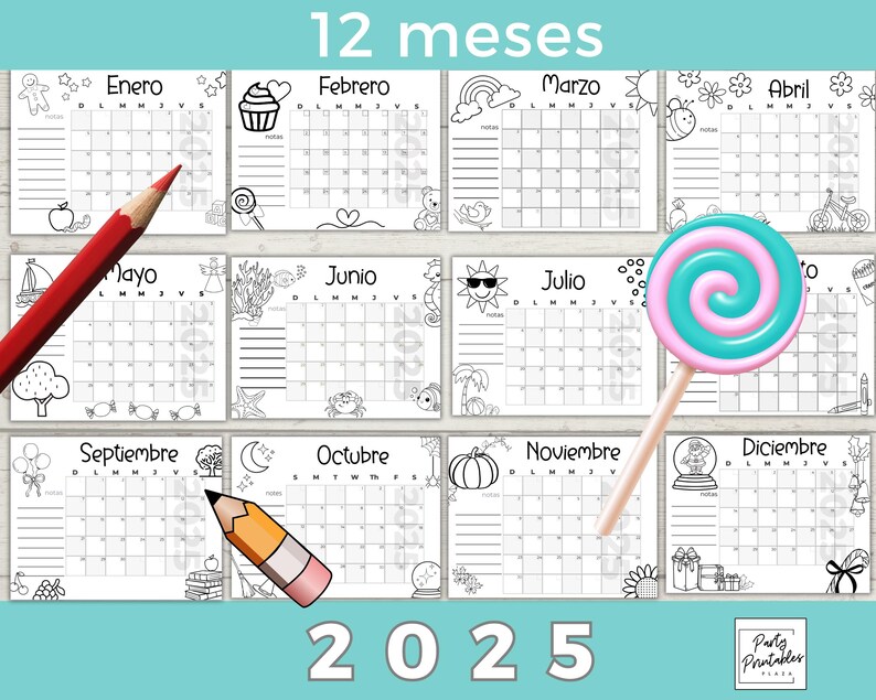 CALENDARIO Para NIÑOS Para Colorear 2025 Agenda 12 Meses PDF Descarga ...