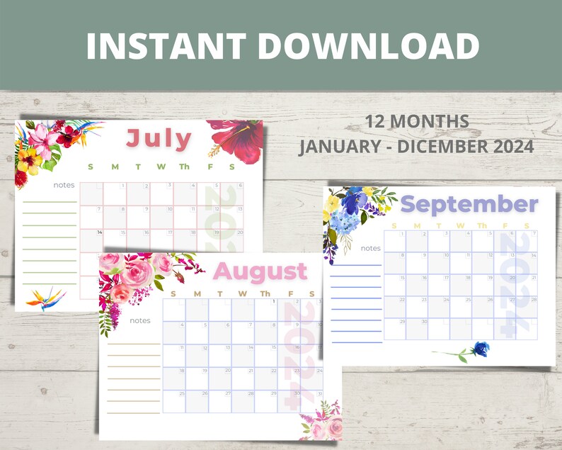 PRINTABLE 2024 FLORAL CALENDAR Digital Download Blossom Theme Planner ...