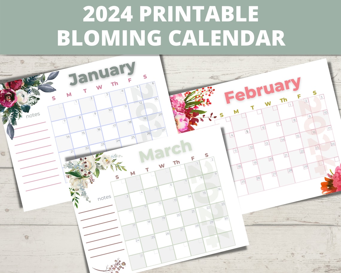 PRINTABLE 2024 FLORAL CALENDAR Digital Download Blossom Theme Planner ...