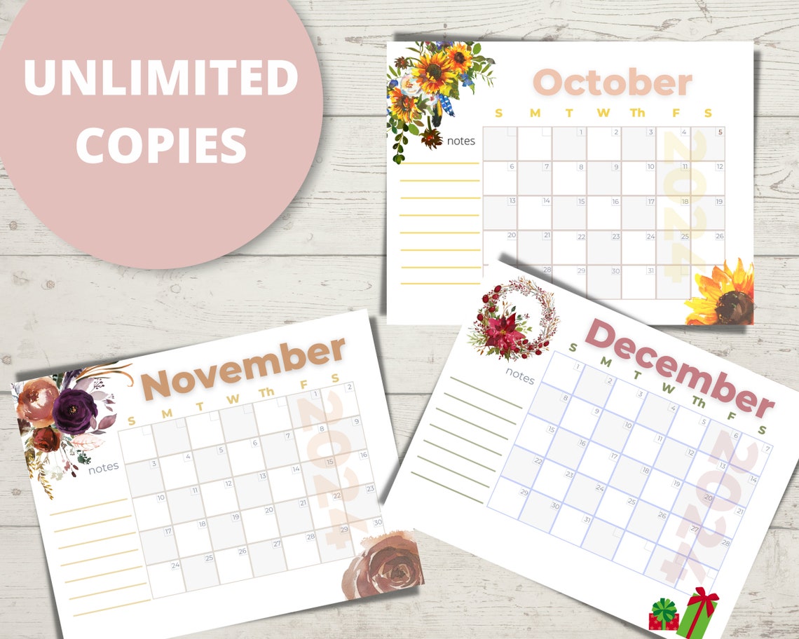 PRINTABLE 2024 FLORAL CALENDAR Digital Download Blossom Theme Planner ...