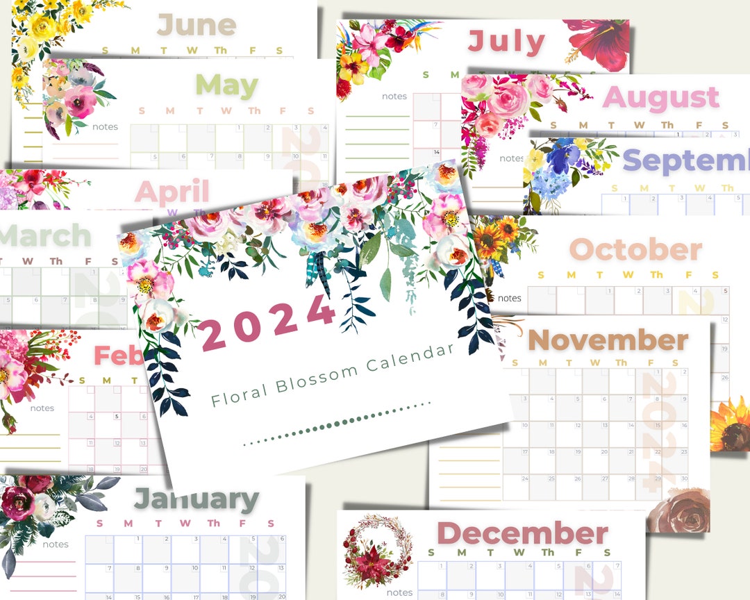 PRINTABLE 2024 FLORAL CALENDAR Digital Download Blossom Theme Planner ...