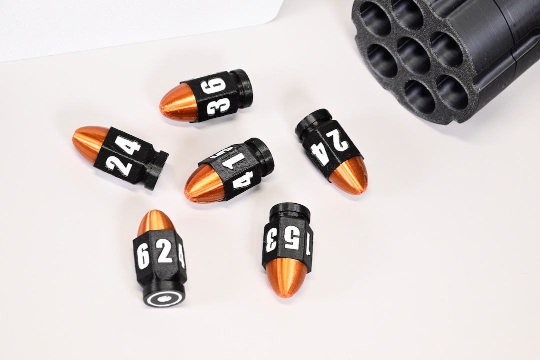 Set of (6) D6 Numbered Dice in the Shape of Bullets With Dice Chamber ...
