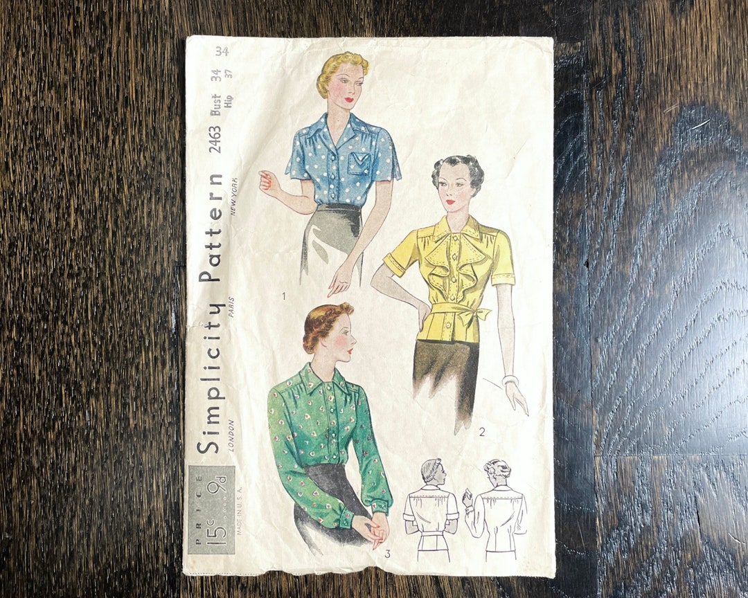 1930s Vintage Simplicity 2463 Blouse Shirt Top Button Front Ruffle ...