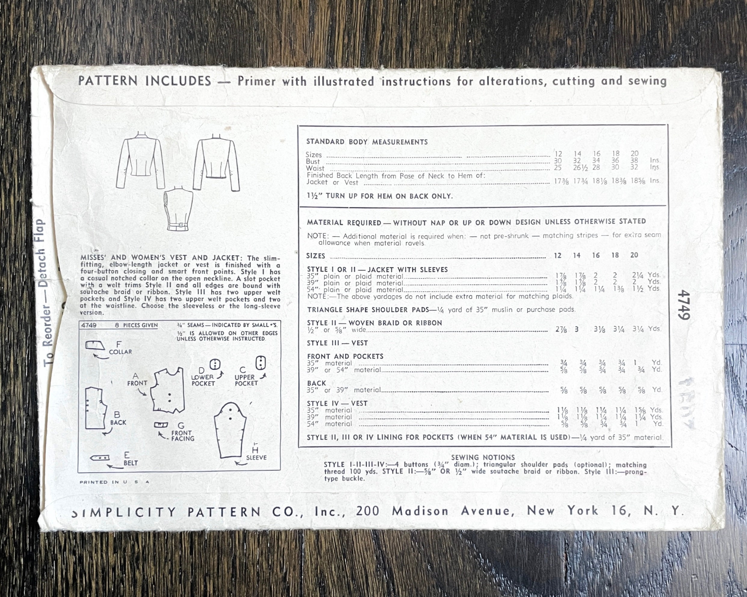 1940s 40s Vintage Simplicity 4749 Jacket Vest Unprinted Pattern Bust 34 ...