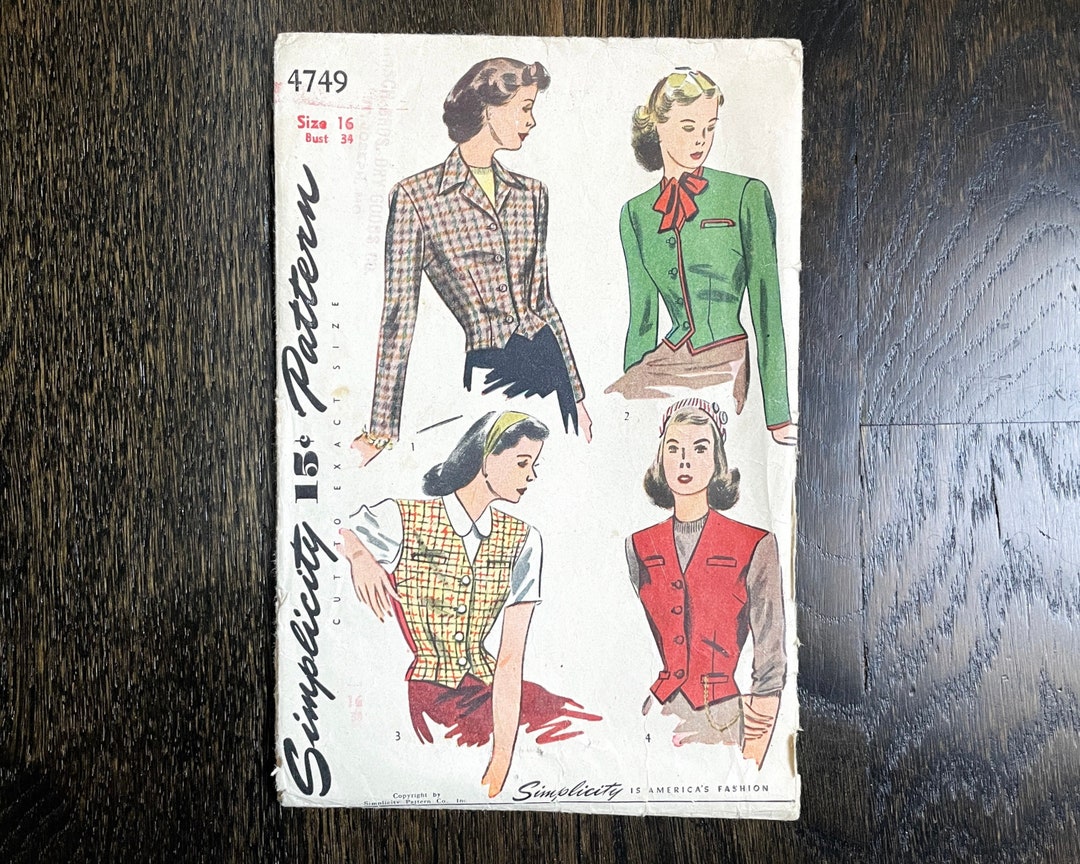 1940s 40s Vintage Simplicity 4749 Jacket Vest Unprinted Pattern Bust 34 ...