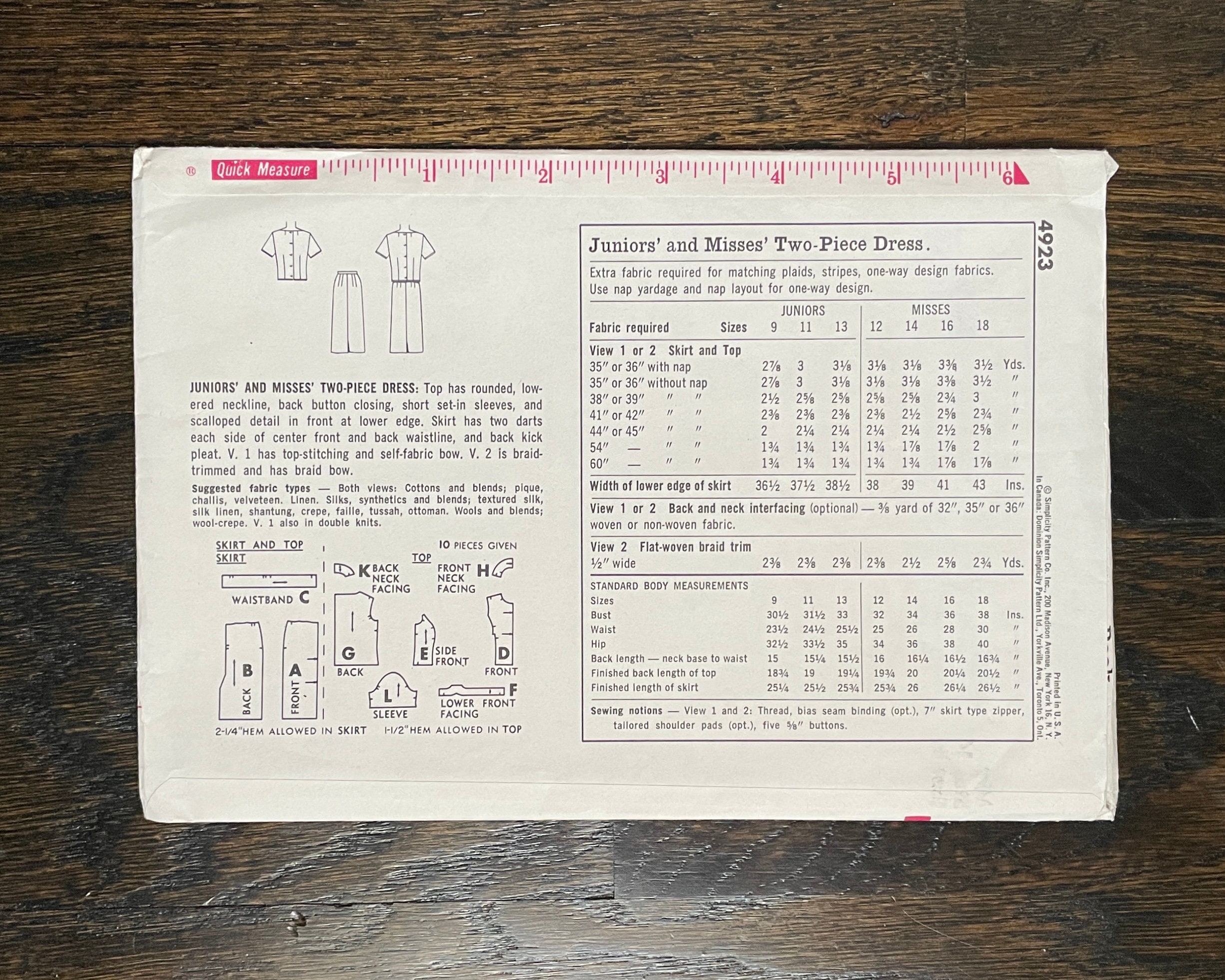 1960s Vintage Simplicity 4923 2-piece Dress Printed Pattern Bust 34 ...