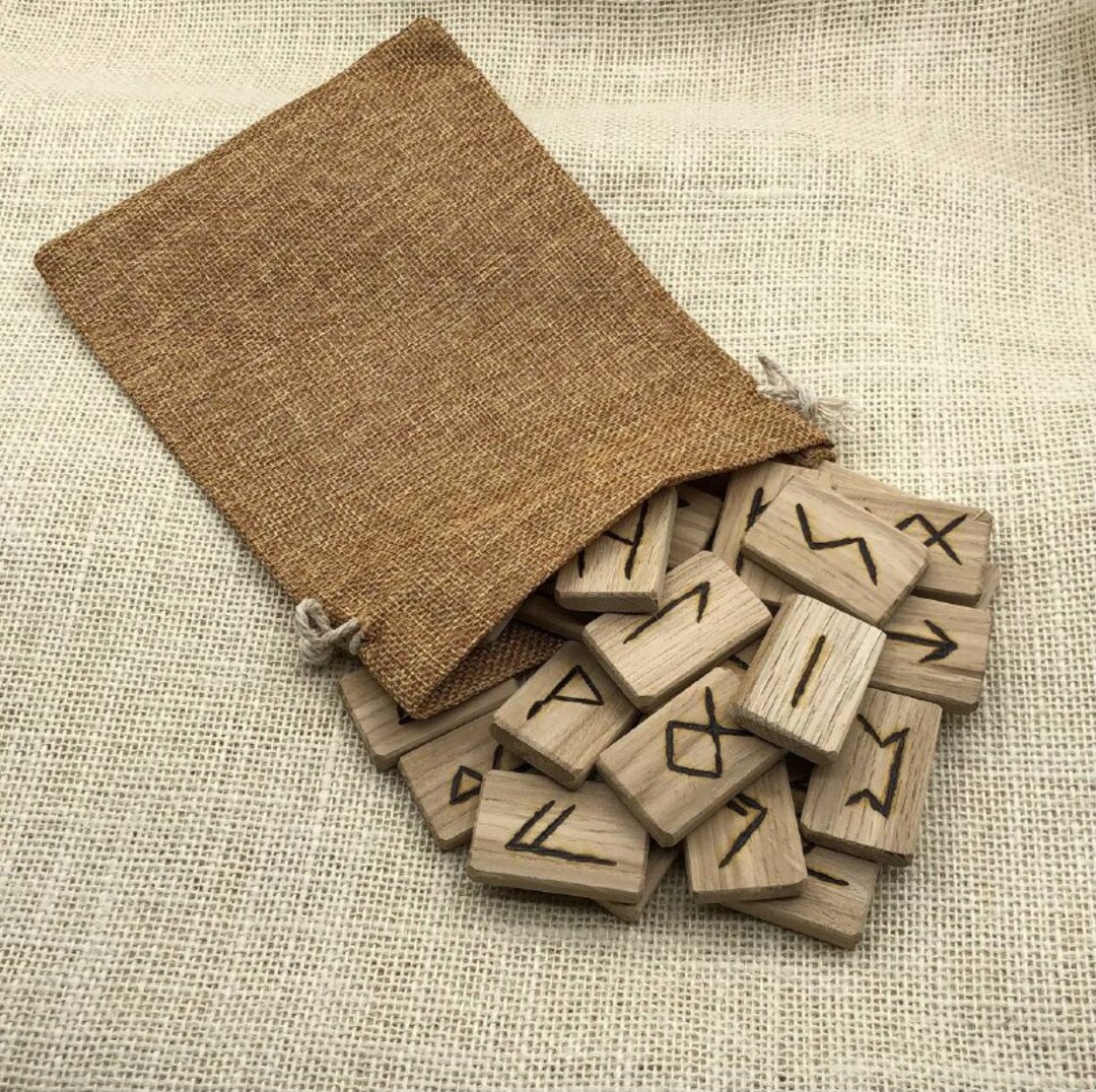 Oak Tree Wooden Rune Set Elder Futhark in Cloth Pouch for Norse ...