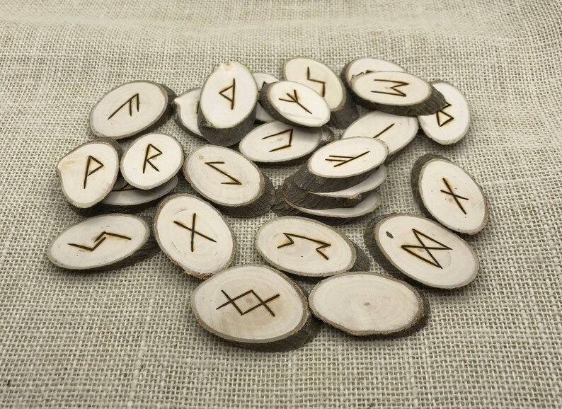 Pear Tree Cut Wooden Rune Set With Tree Bark Elder Futhark in Cloth ...