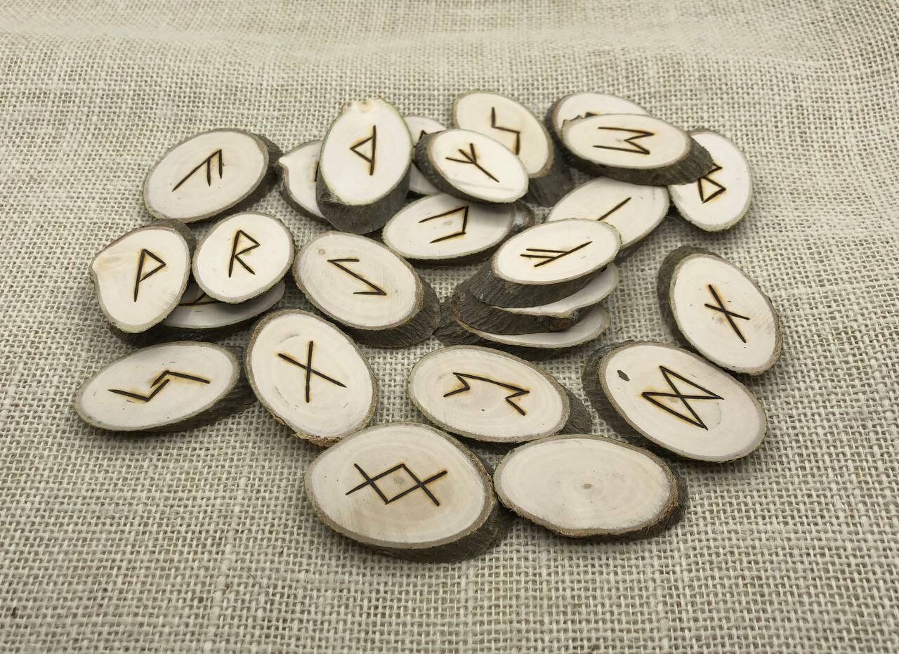 Pear Tree Cut Wooden Rune Set With Tree Bark Elder Futhark in Cloth ...
