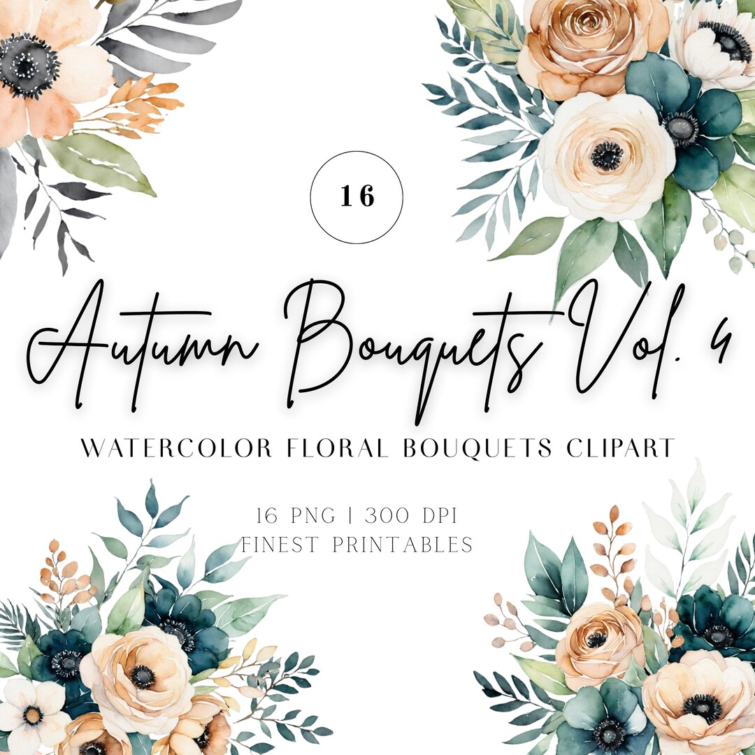 Watercolor Autumn Bouquets Clipart – Fall Floral PNG | Teal Botanical ...