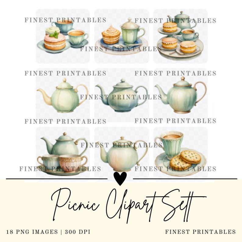 Picnic Clipart Set | Teapots, Teacups, Cupcakes, Macarons | 20 PNG ...