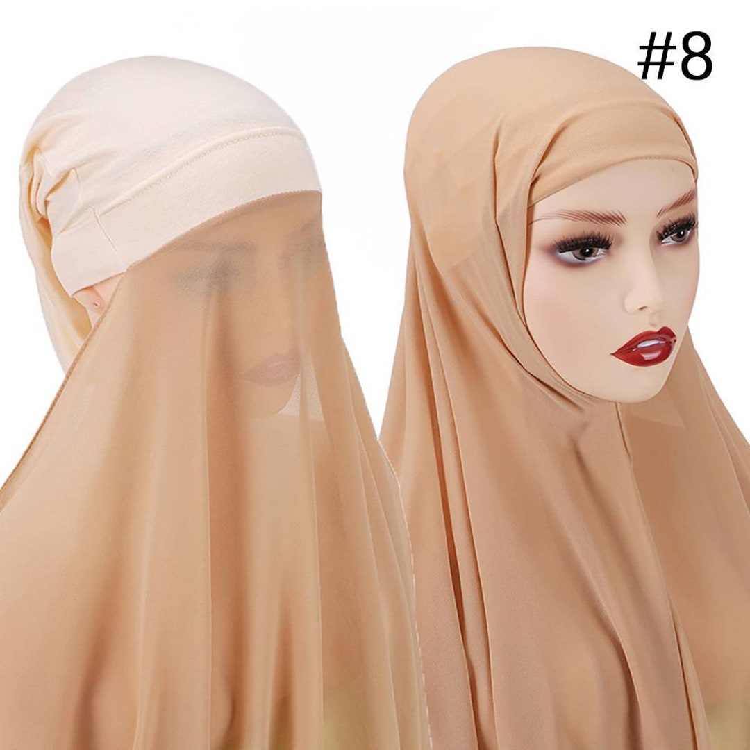 Women Plain Bubble Chiffon Scarf With Head Hijab Wrap Solid Instant ...