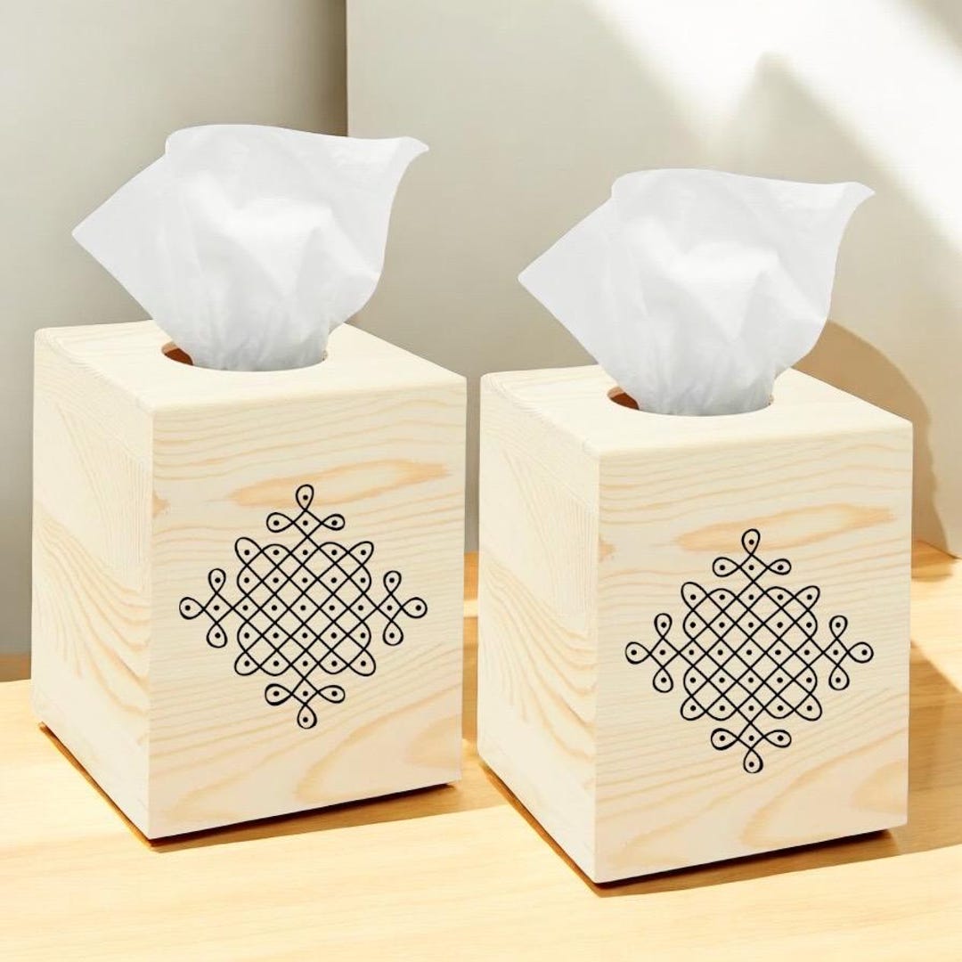 Set of 2 Handcrafted Wooden Tissue Box Cover With Traditional Kolam ...