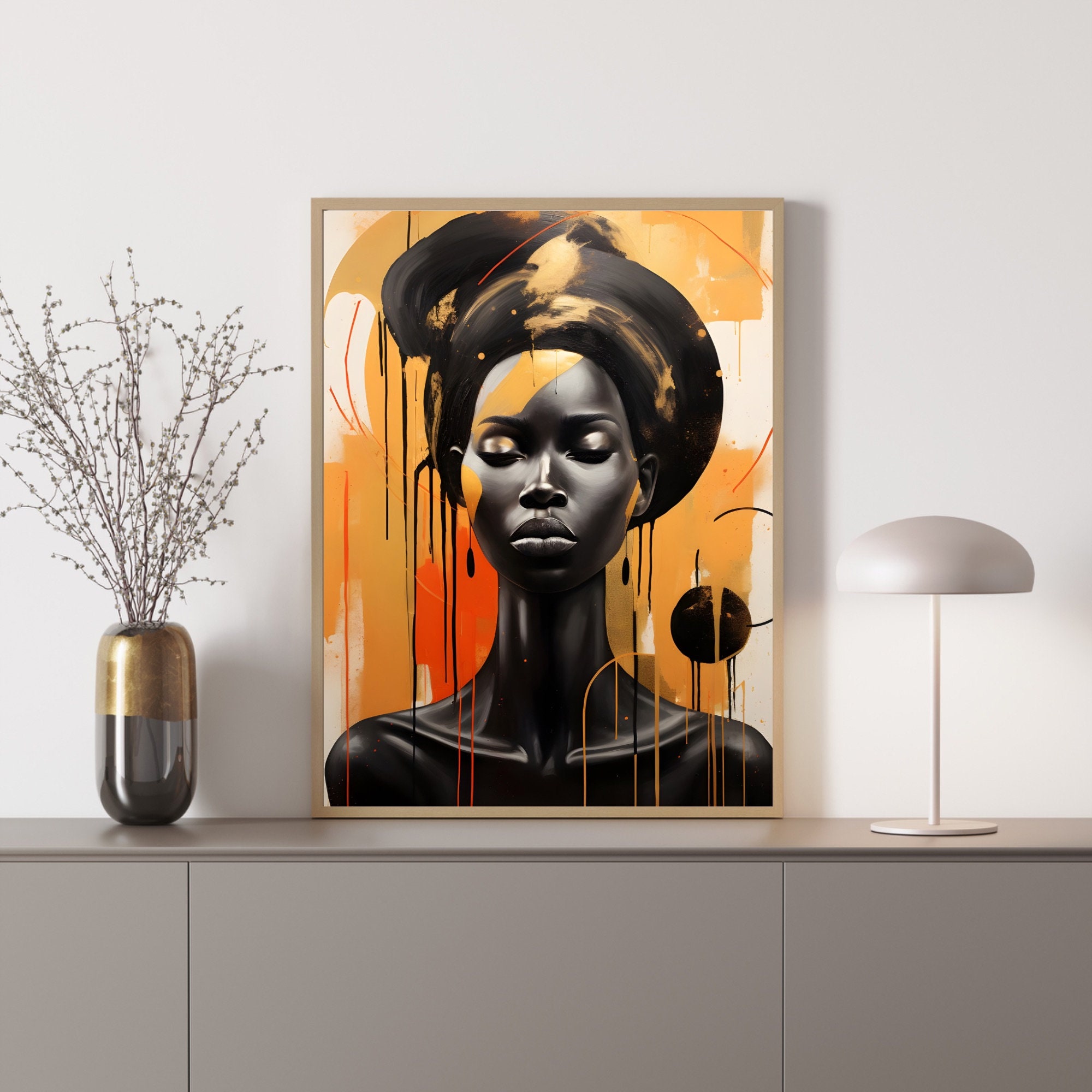Black Woman, Orange Paint Digital Wall Art, Portrait Painting, Vibrant Identity, Instant ...