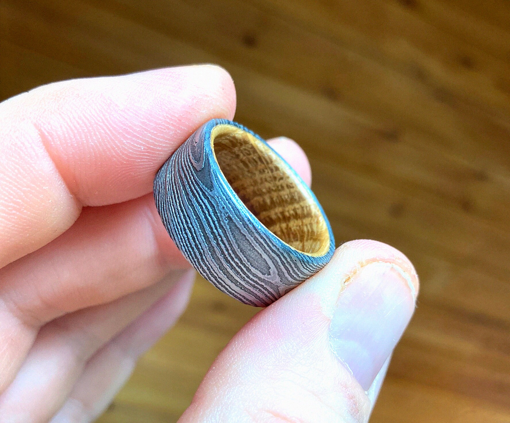 Damascus Ring With Whiskey Barrel Liner, 10mm Chunky Band - Etsy