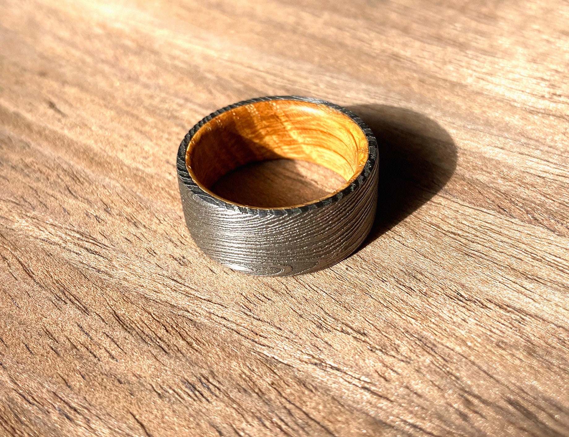 Damascus Ring With Whiskey Barrel Liner, 10mm Chunky Band - Etsy