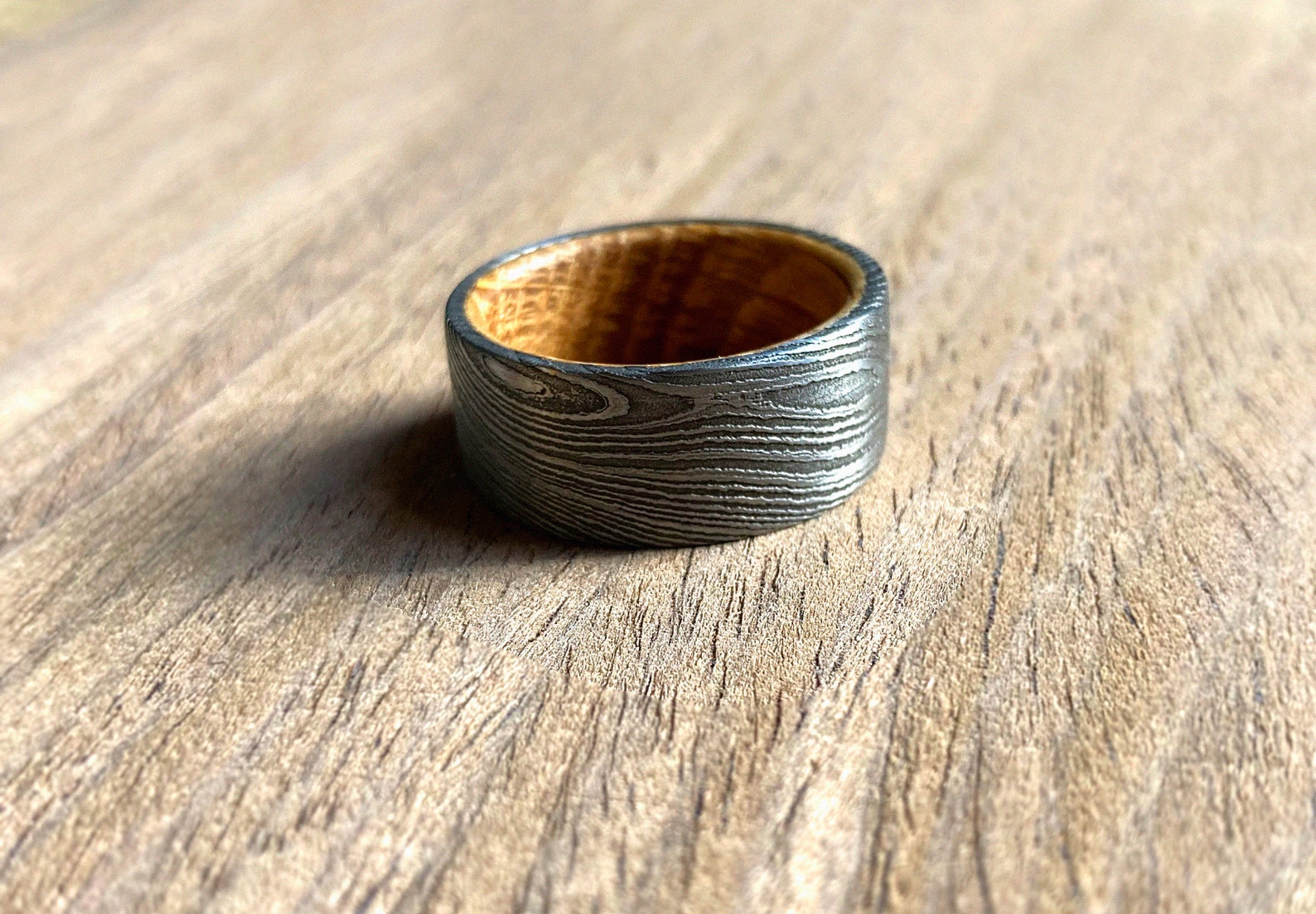 Damascus Ring With Whiskey Barrel Liner, 10mm Chunky Band - Etsy