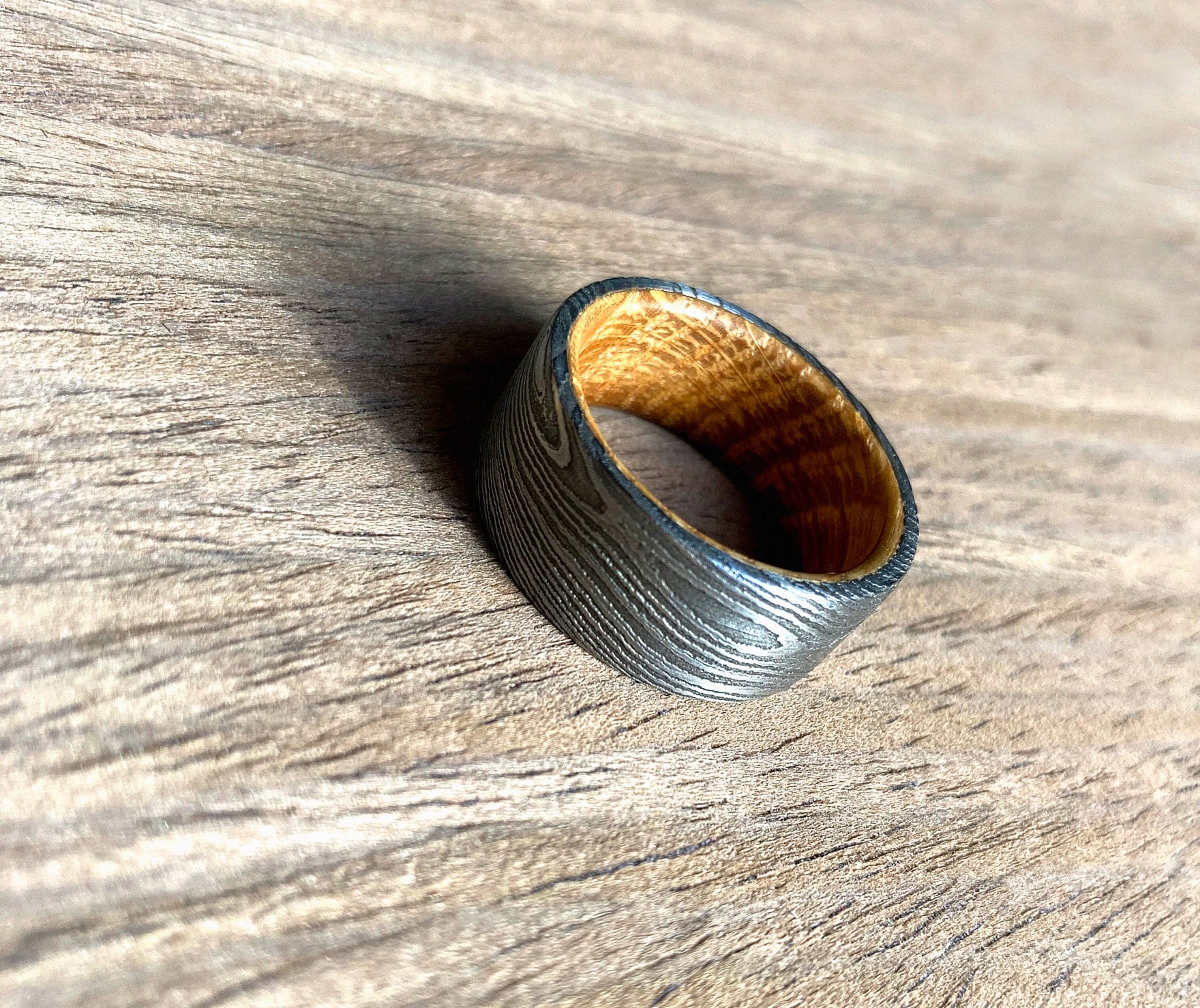 Damascus Ring With Whiskey Barrel Liner, 10mm Chunky Band - Etsy
