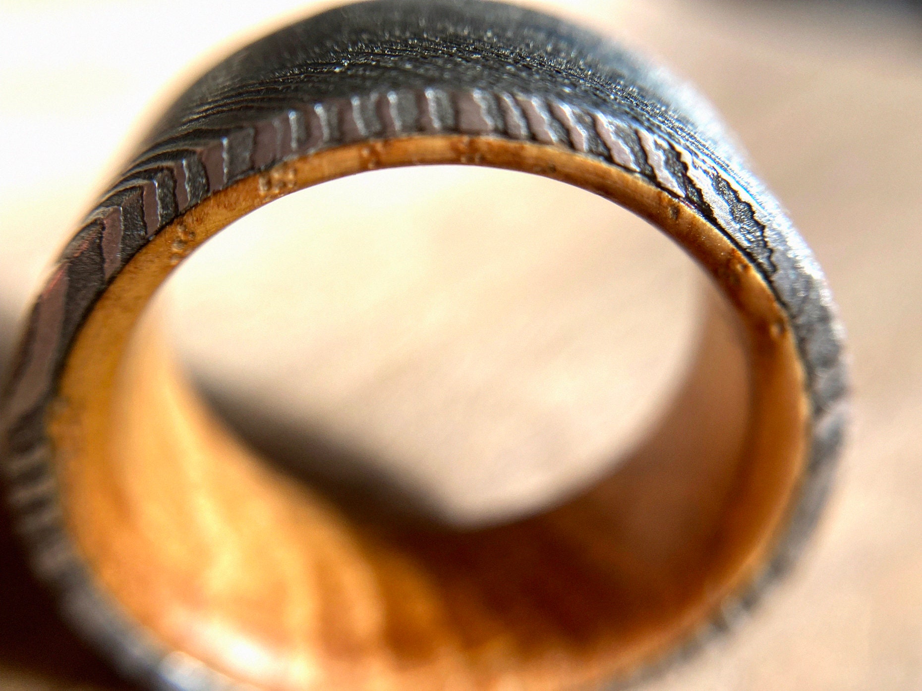 Damascus Ring With Whiskey Barrel Liner, 10mm Chunky Band - Etsy