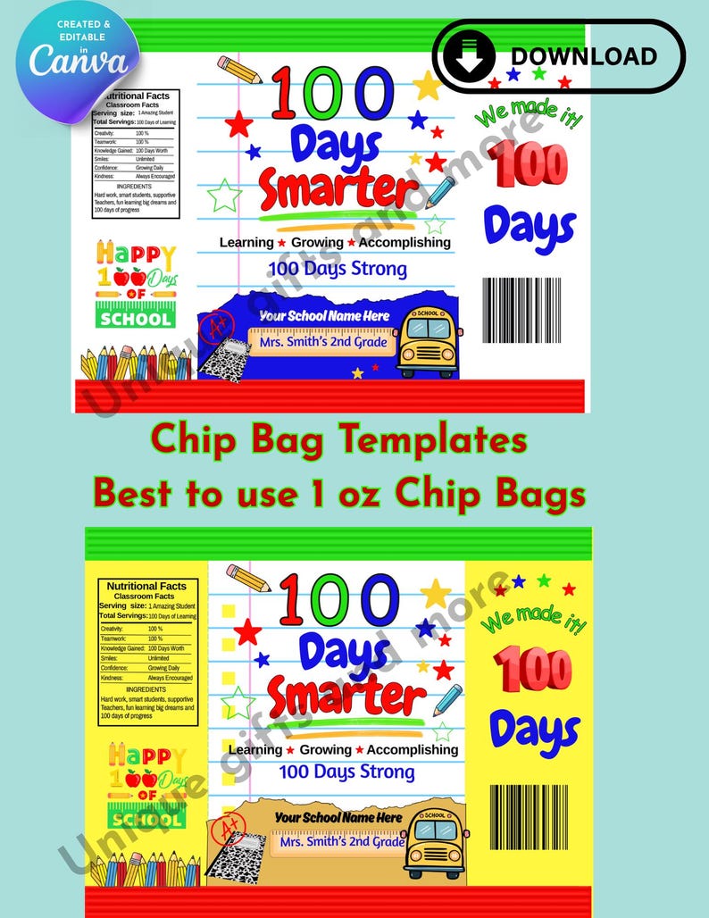 100th Day of School Chip Bag Templates –bundle,| Editable in Canva | 2 ...
