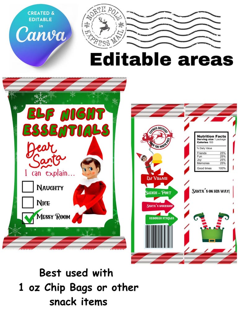 Elf Night Essentials Chip Bag Template - Etsy