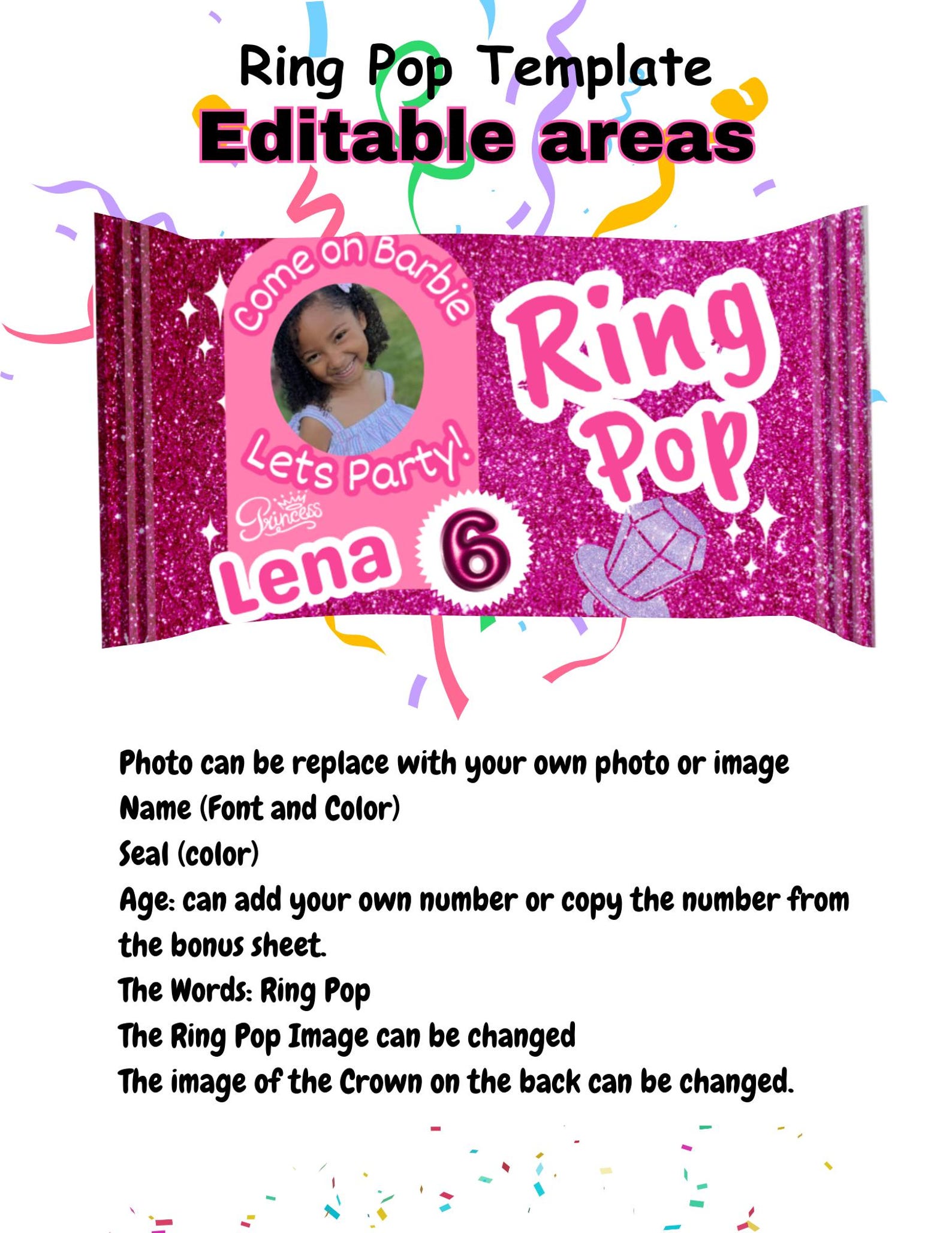 Pretty in Pink Personalized Ring Pop Wapper Template | Editable Party ...