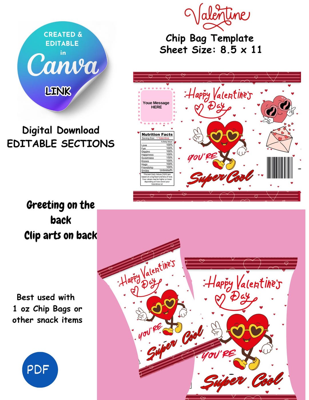 Valentine's Day Chip Bag Template - You're Super Cool! - Etsy