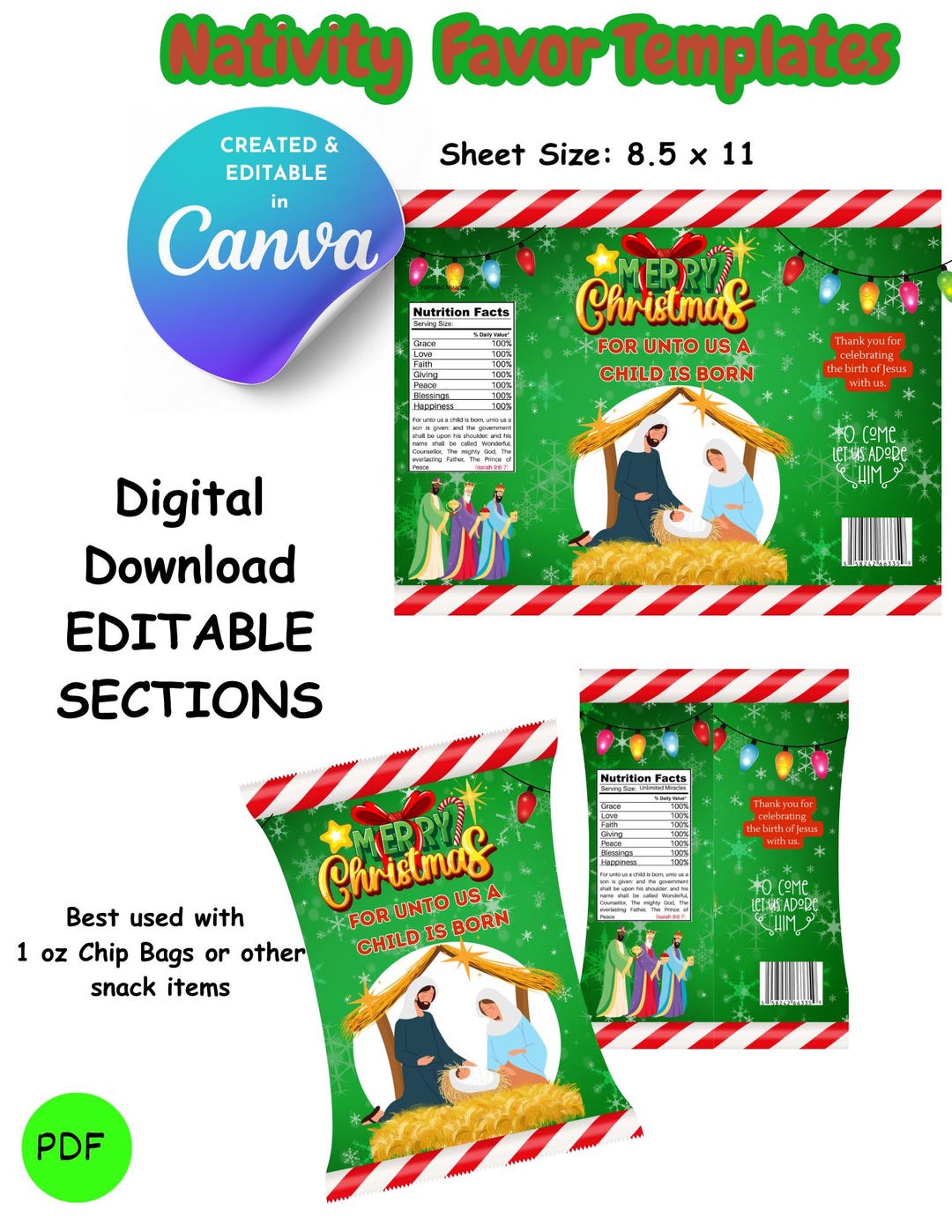 Nativity Chip Bag, Water Bottle and Juice Pouch Favor Templates, the ...