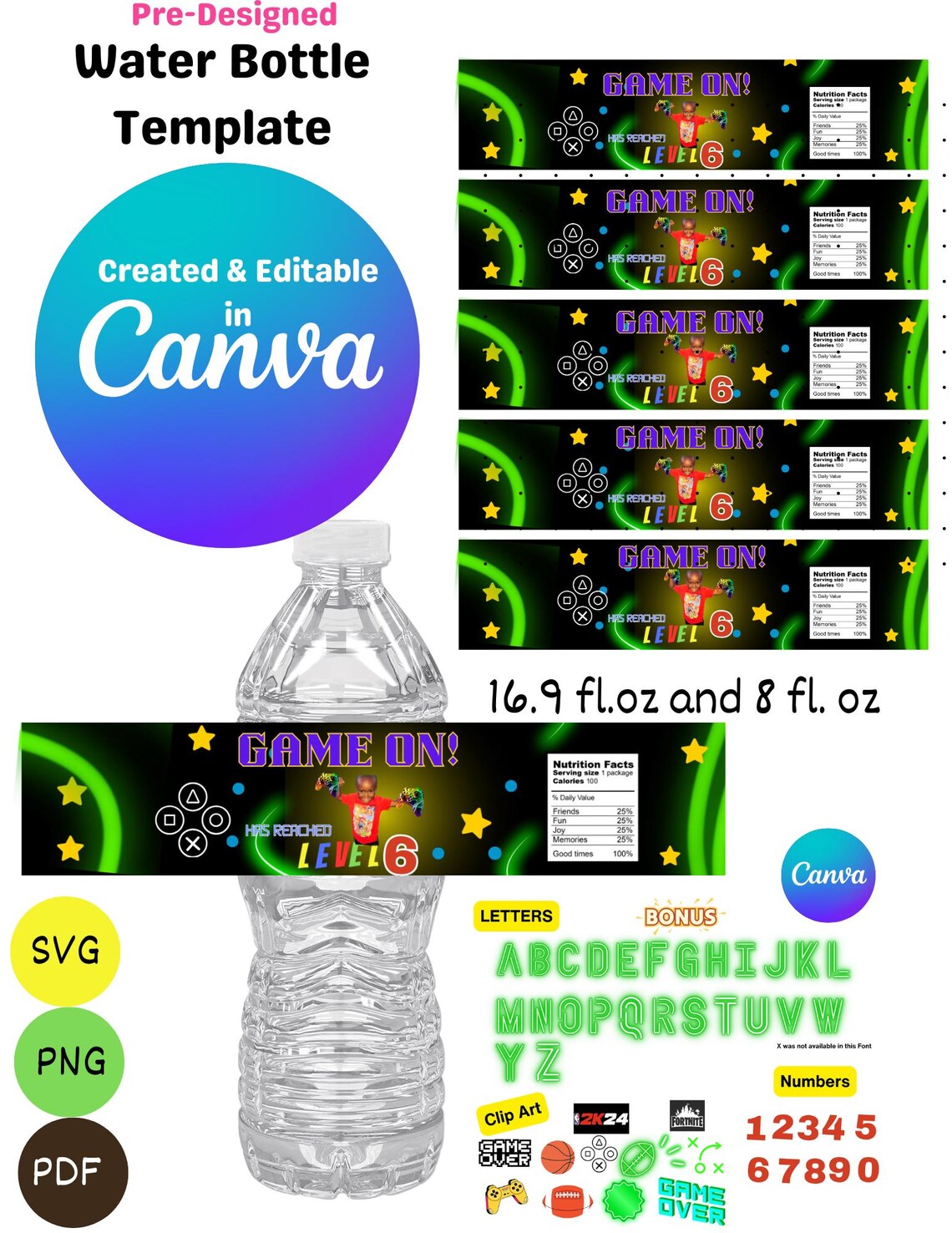Gamer Personalized Water Bottle Label Template - Etsy