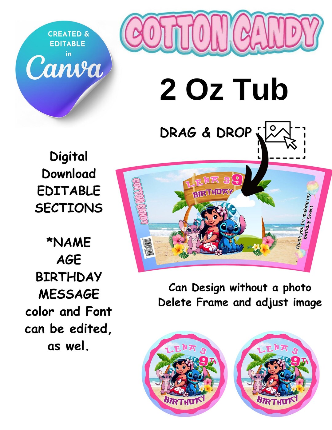 Personalized Cotton Candy Tub Wrap Party Favor, Birthday Stitch - Etsy