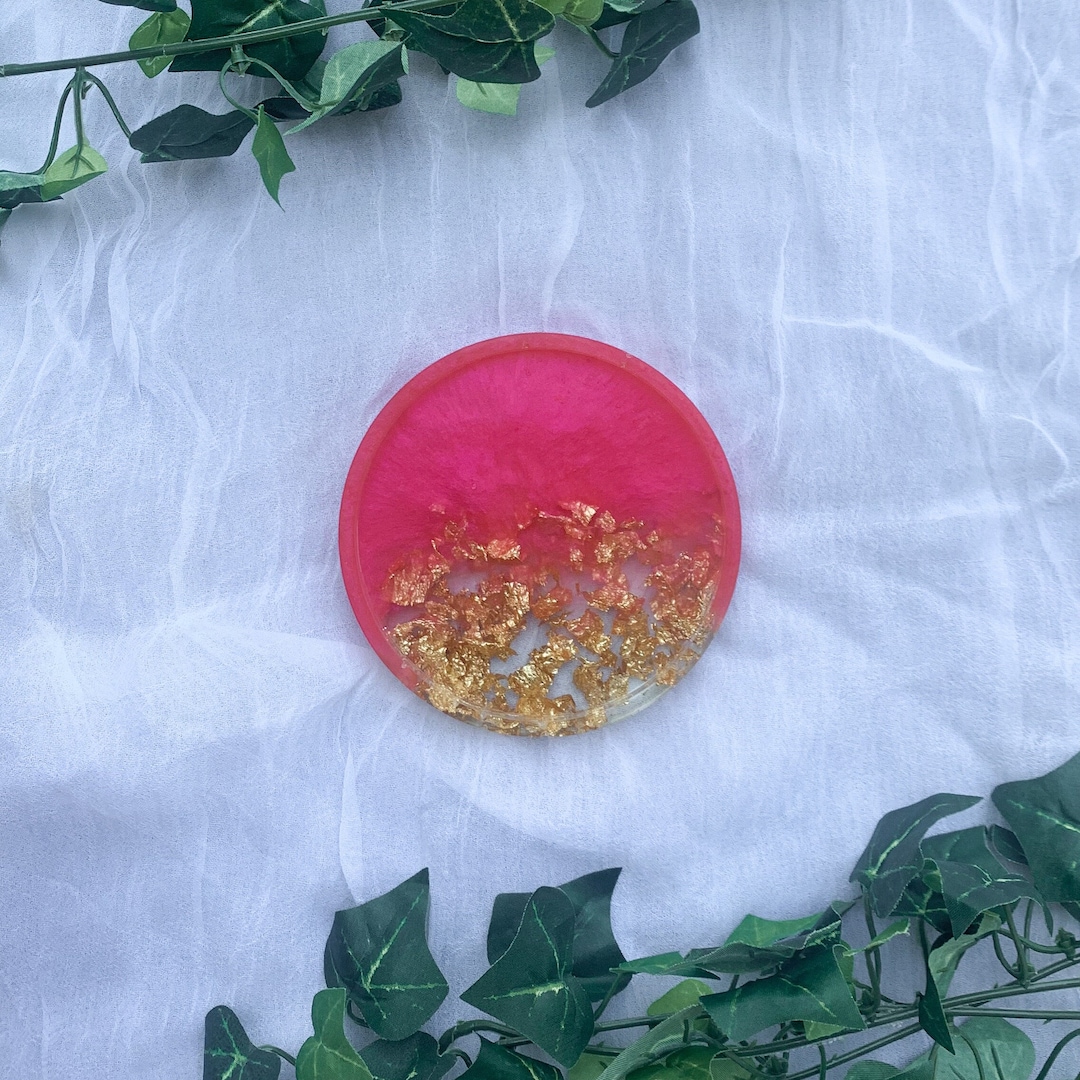 Hot Pink Round Resin Coasters With Gold Foil Flakes, Magenta Handmade ...