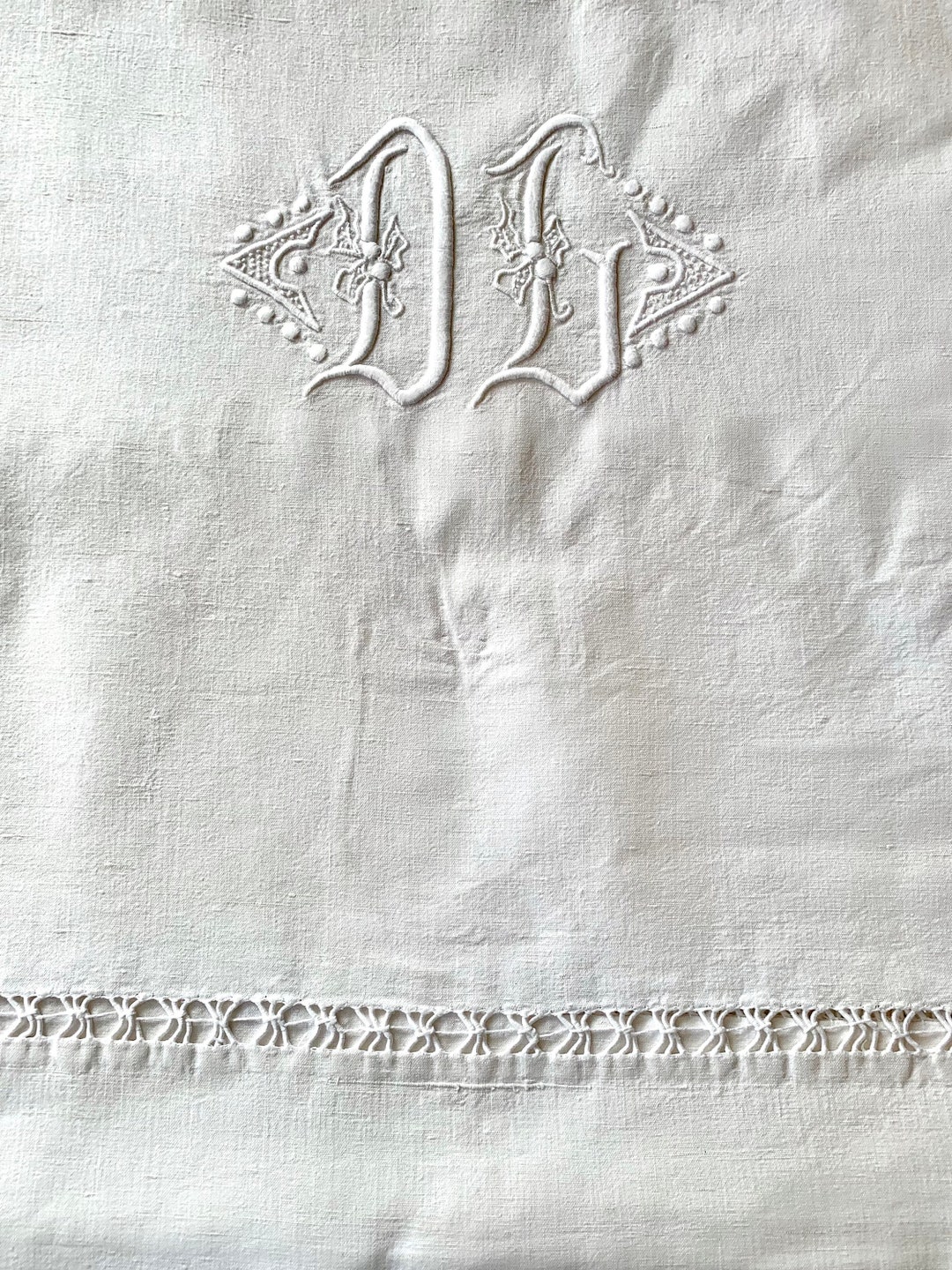 Large Antique French White Métis Linen Embroidered Monogram Sheet Circa ...