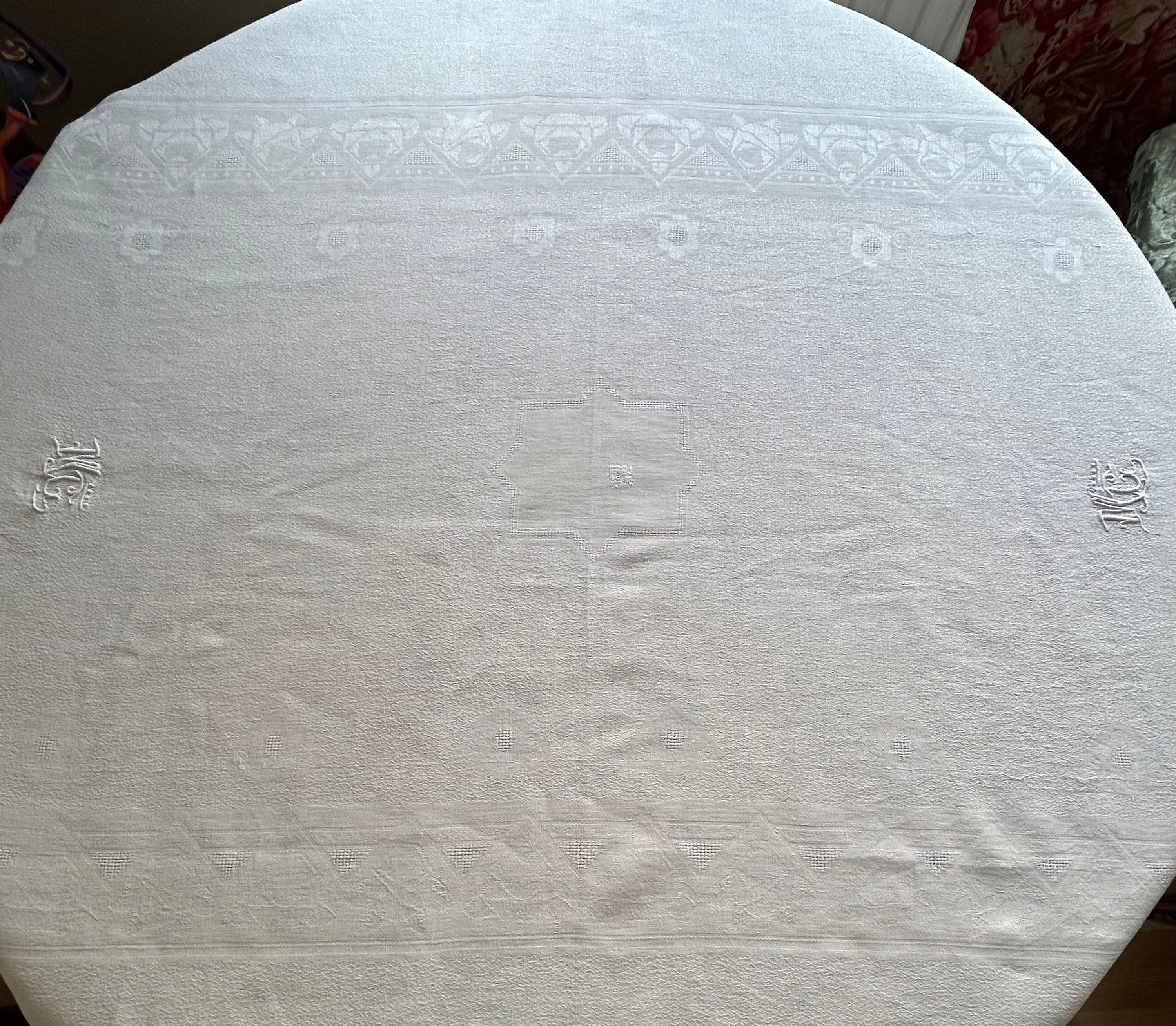 An Antique French Art Deco Cotton Damask Monogrammed MG Tablecloth and ...