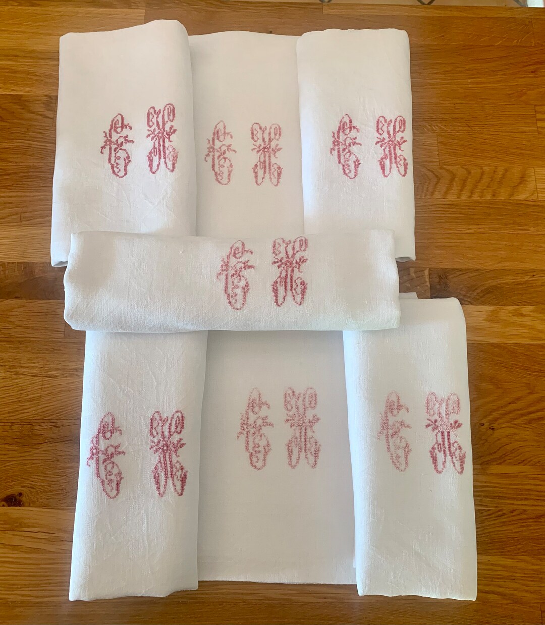 A Set of 7 Antique French White Farmhouse Damask Serviettes/napkins ...