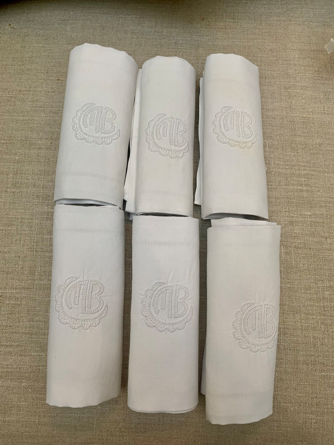 A Set of Six Antique French Art Deco White Linen Napkins With ...