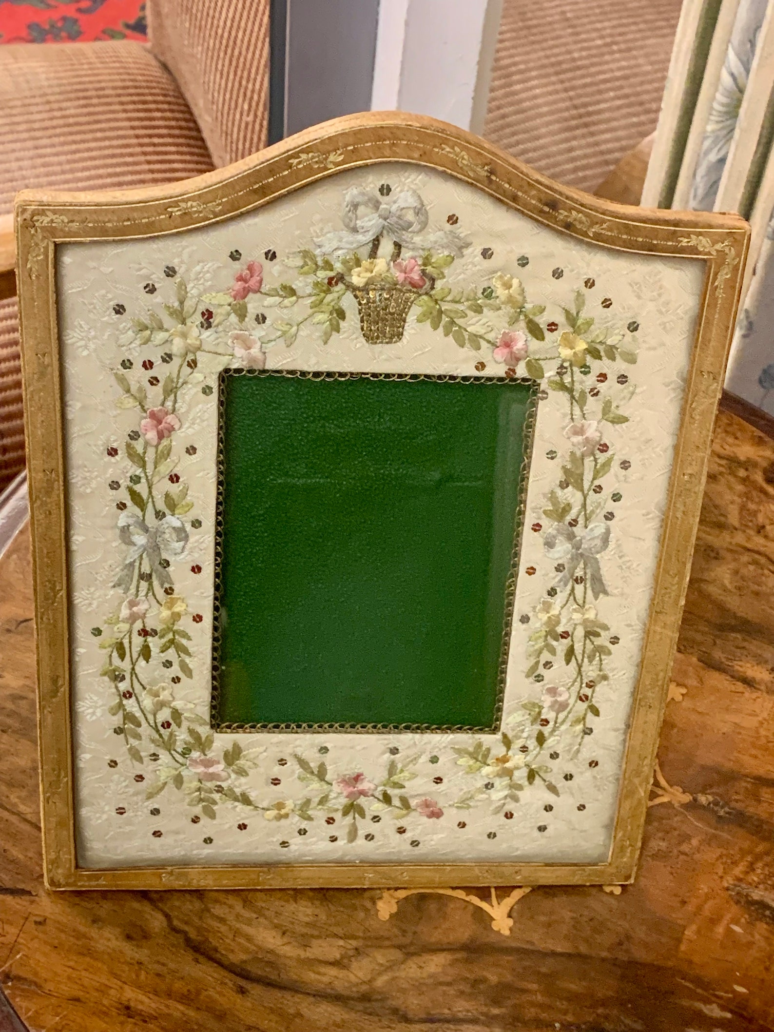 An Antique French Embroidered Photo Frame With a Brown and Gold Leather ...