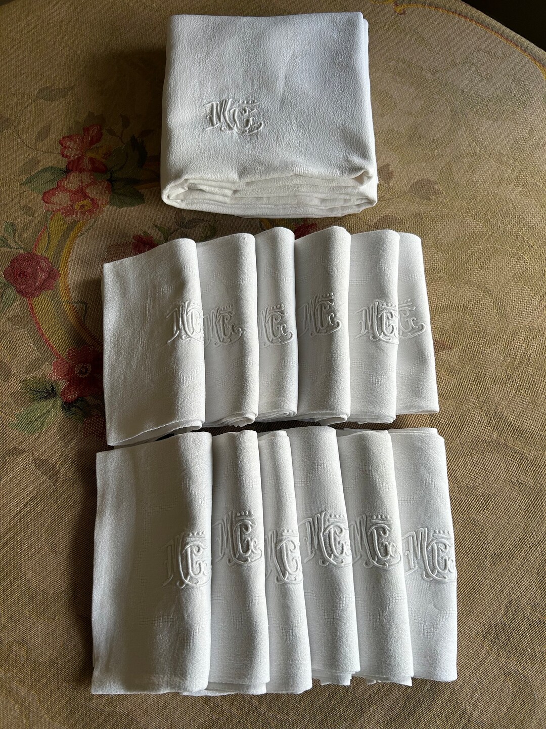 An Antique French Art Deco Cotton Damask Monogrammed MG Tablecloth and ...