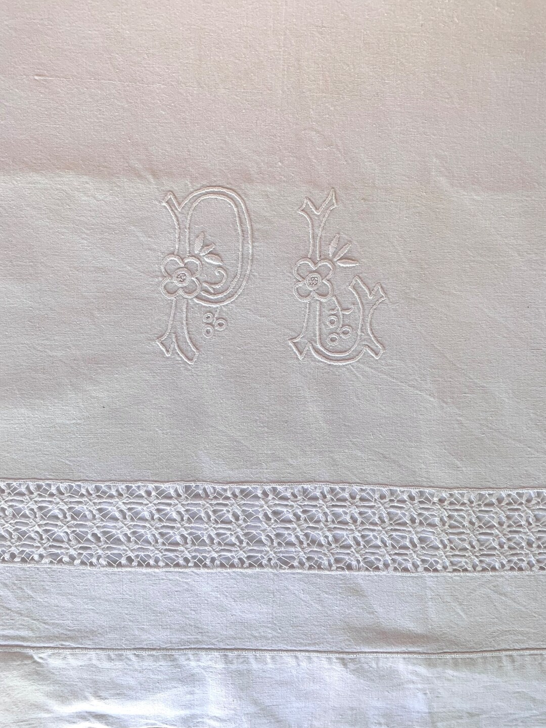 An Antique French Art Deco White Métis Linen Embroidered PL Monogram ...