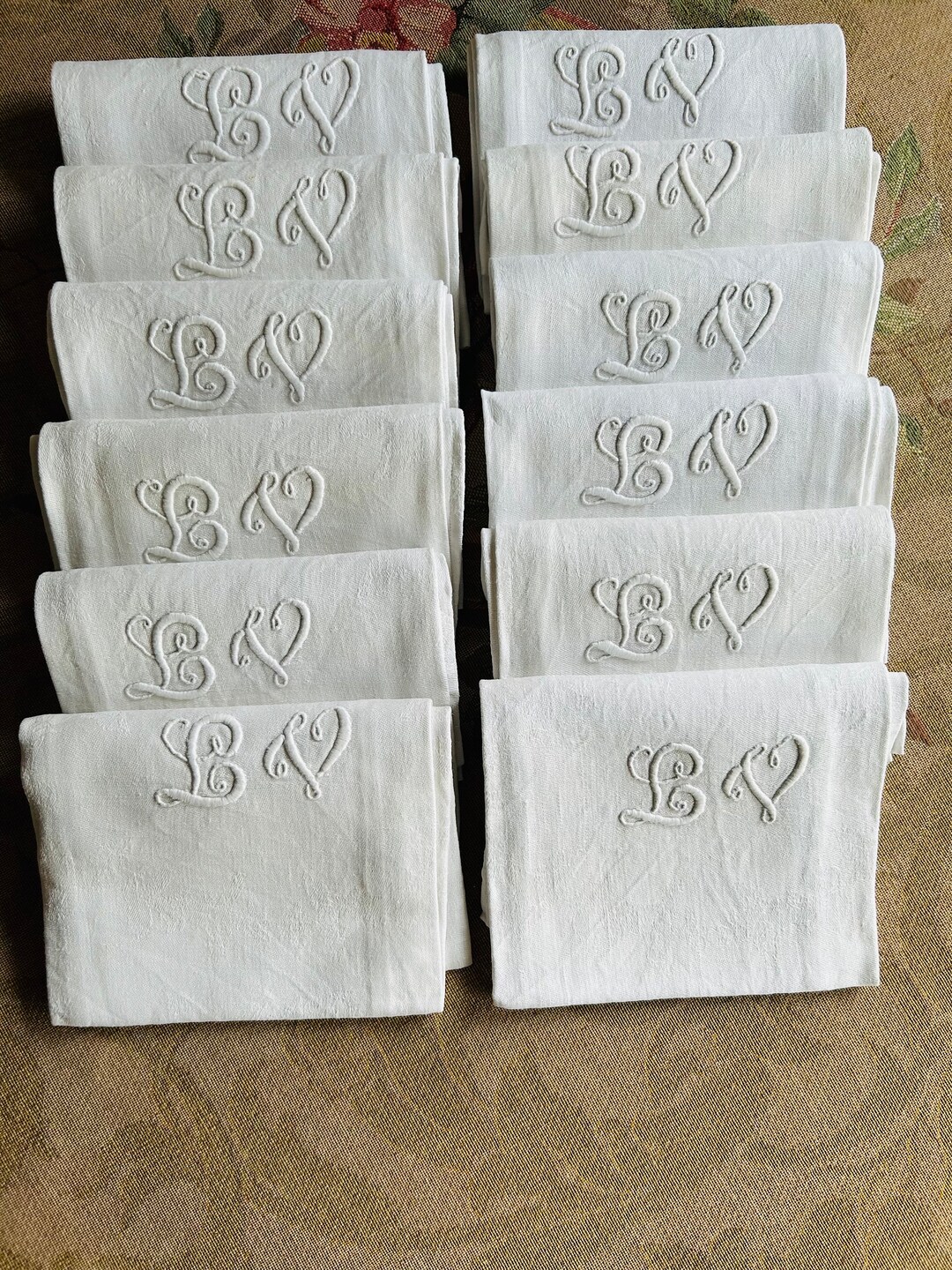 A Set of 12 Antique French White Damask Linen Serviettes/ Napkins With ...