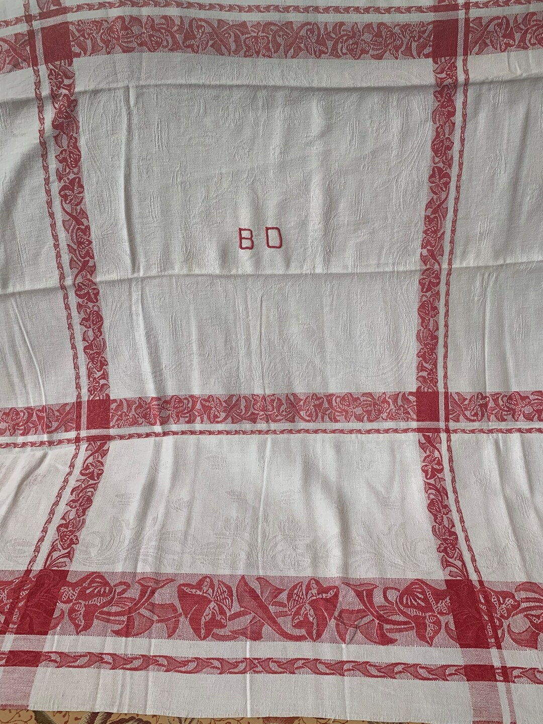 An Antique French White and Red Damask Linen Monogrammed Tablecloth - Etsy