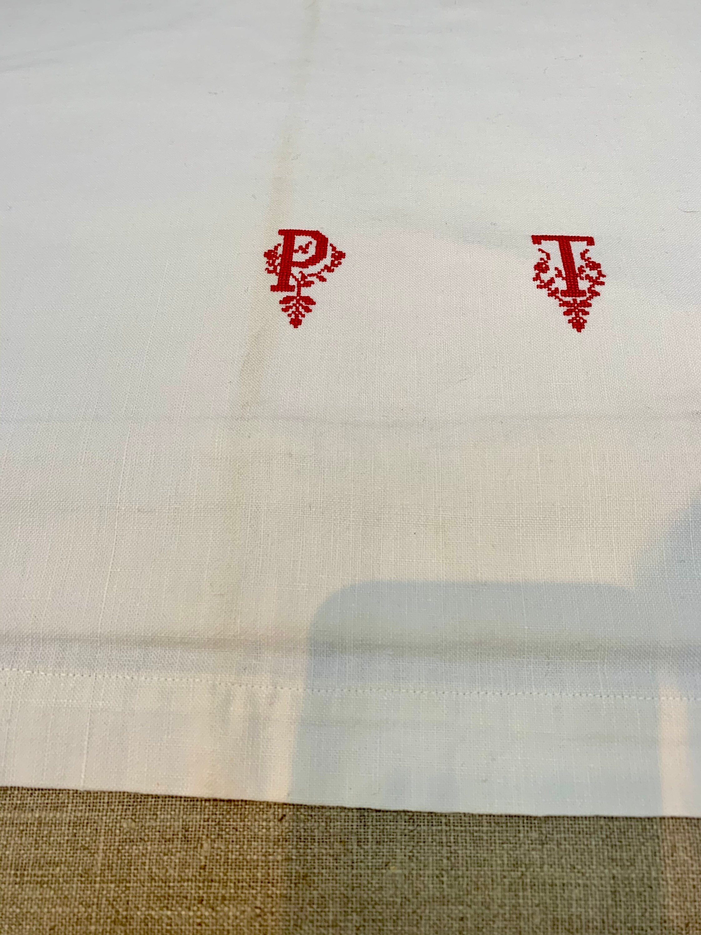 A Plain White French Métis Sheet With a Cross Stitch Red Monogram PT ...